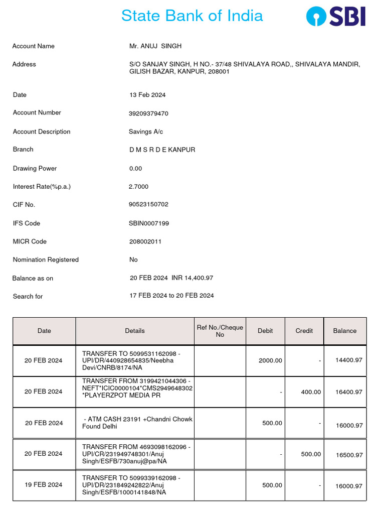 SBI Bank Statement Summary 2025 | PDF | Cheque | Economies