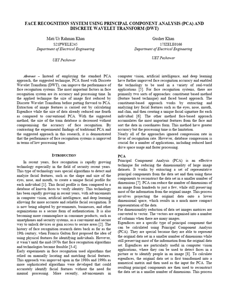 PCA and DWT for Face Recognition | PDF | Eigenvalues And Eigenvectors | Principal Component Analysis