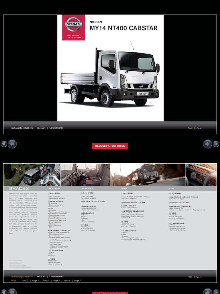 Nissan Cabstar NT400 Technical Specifications | PDF | Fuel Economy In Automobiles | Diesel Engine