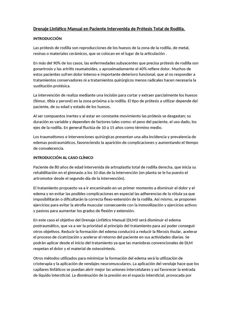 Drenaje Linfático Manual en Paciente Intervenida de Prótesis Total de ...