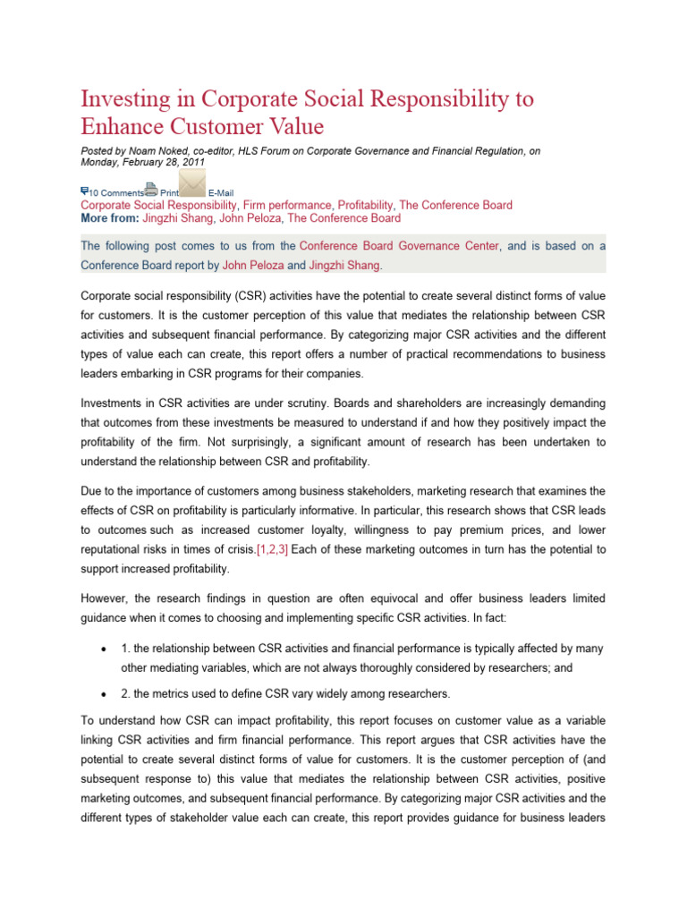 Investing in Corporate Social Responsibility To Enhance Customer Value ...