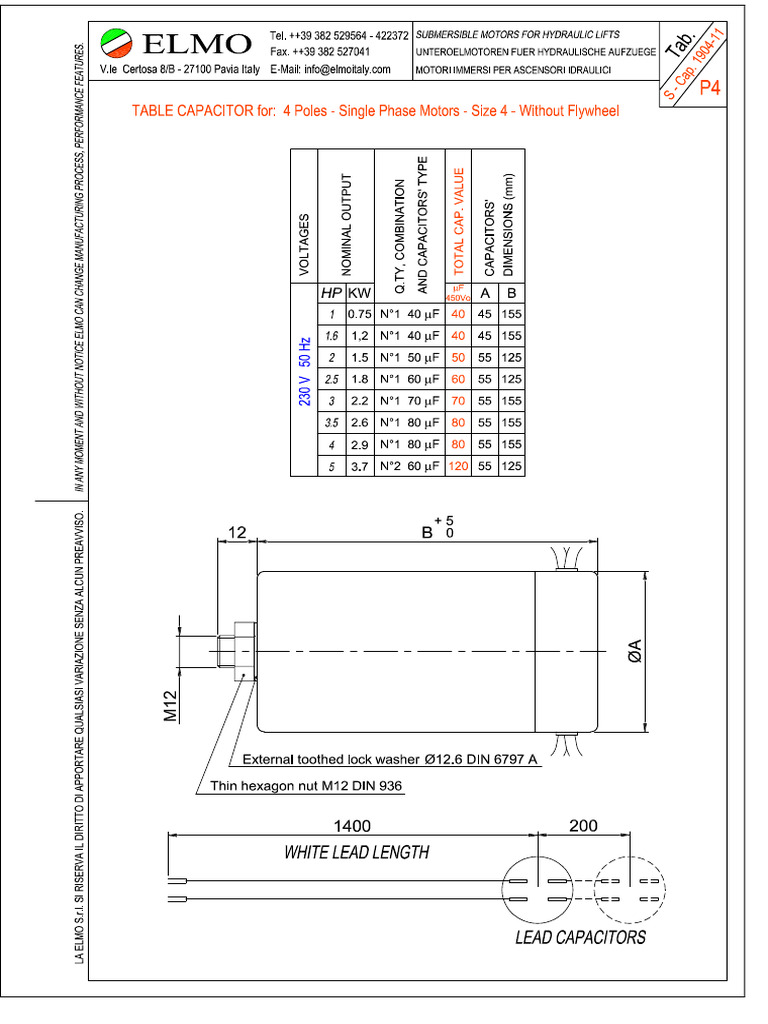 Elmo Motor - 1Ph Capacitor Table 220520 (1237 - TabSCap1904 11P4) | PDF