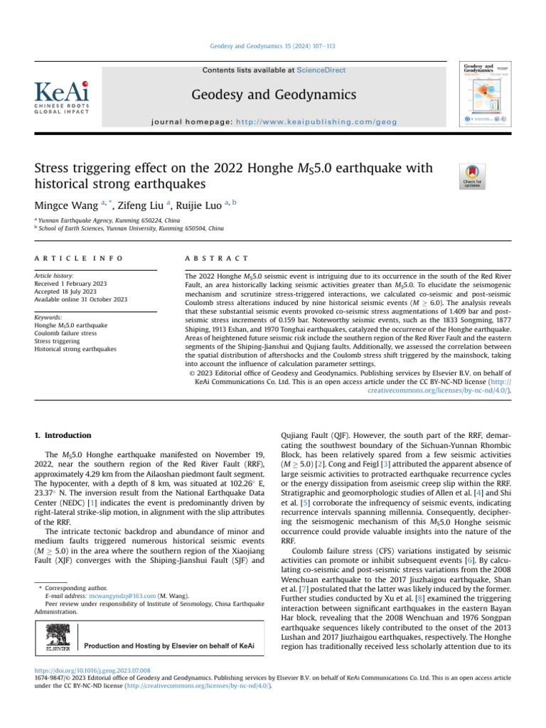 Stress Triggering Effect On The 2022 Honghe MS5 0 Earthqu - 2024 - Geodesy and G | PDF ...