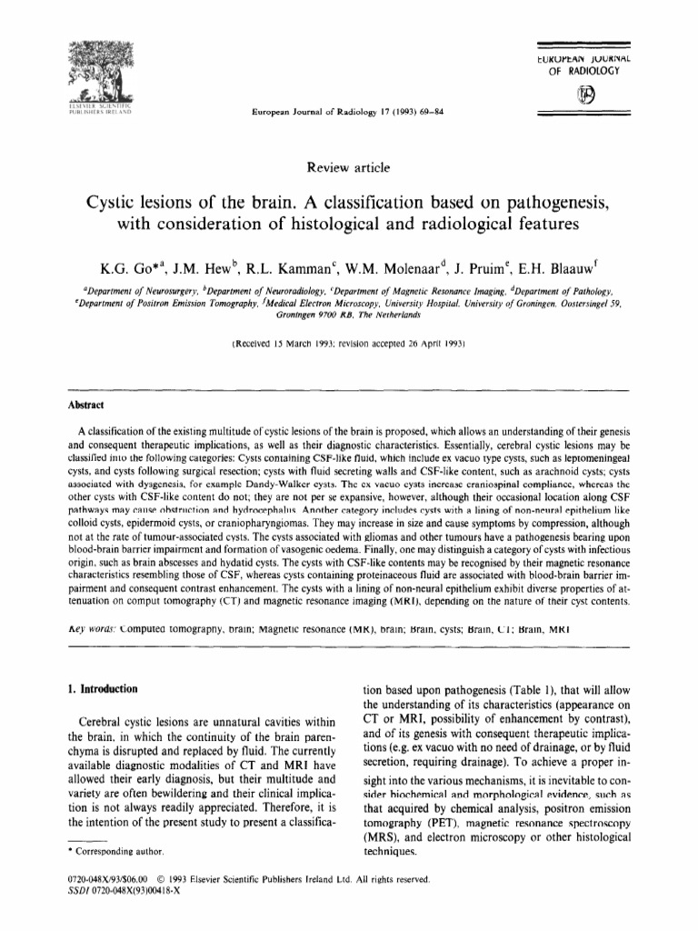 Cystic Lesions of The Brain A Classification Based On Pathogenesis ...