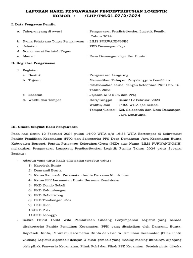 Laporan Hasil Pengawasan Pendistribusian Logistik | PDF Laporan Hasil Pengawasan Pendistribusian Logistik | PDF