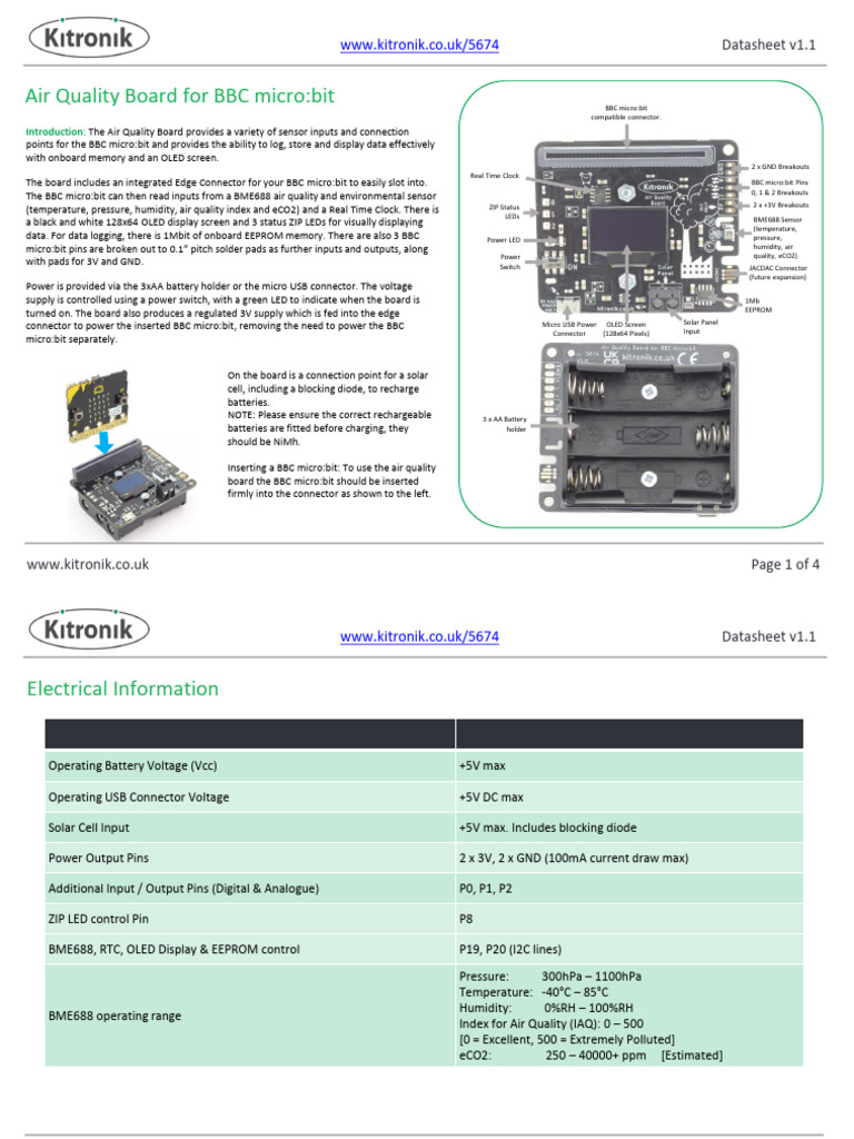 5674 Kitronik Air Quality Monitoring Board BBC Microbit Datasheet | PDF | Electrical Components ...