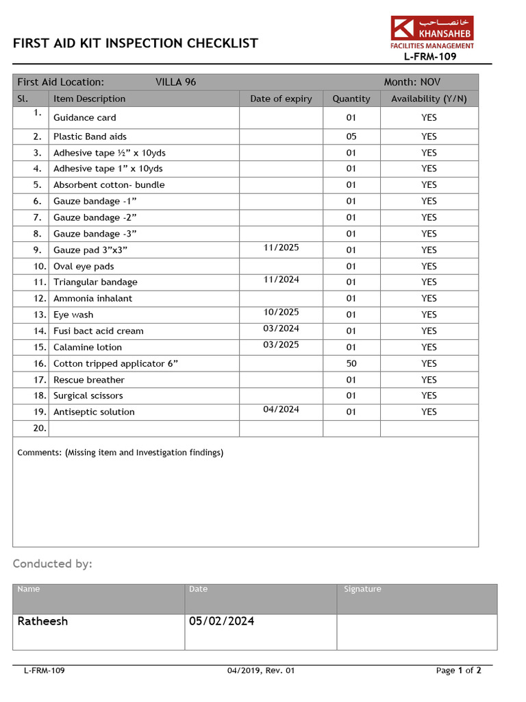 L-FRM-109 First Aid Kit Inspection | PDF | Safety | Survival Skills