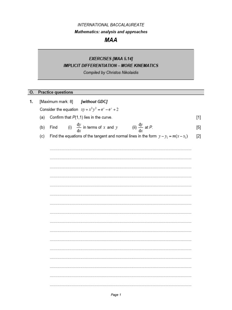 Implicit Differentiation Kinematics Exercises | PDF | Slope | Tangent