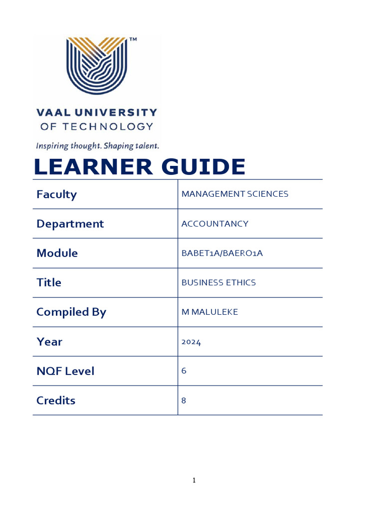 Business Ethics Learner Guide | PDF | Morality | Governance