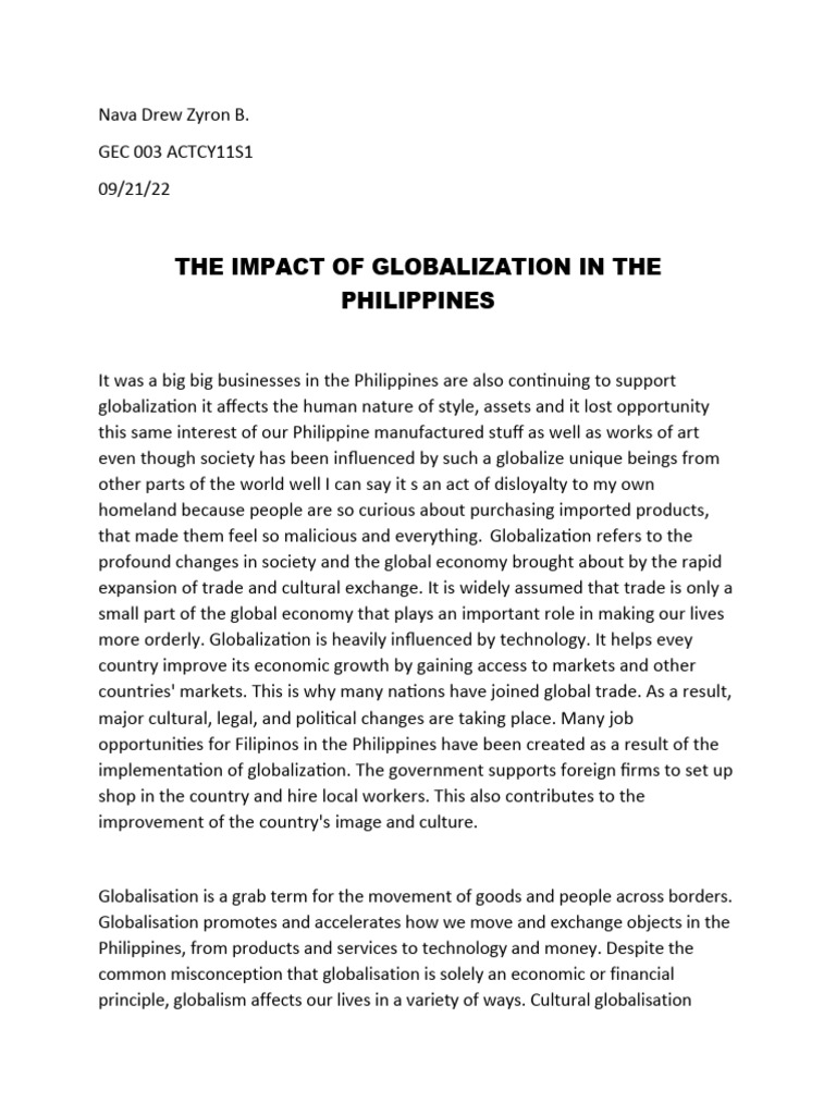 Nava Drew Zyron B.ASSIGNMENT FOR FINAL | PDF | Globalization | Economic Globalization