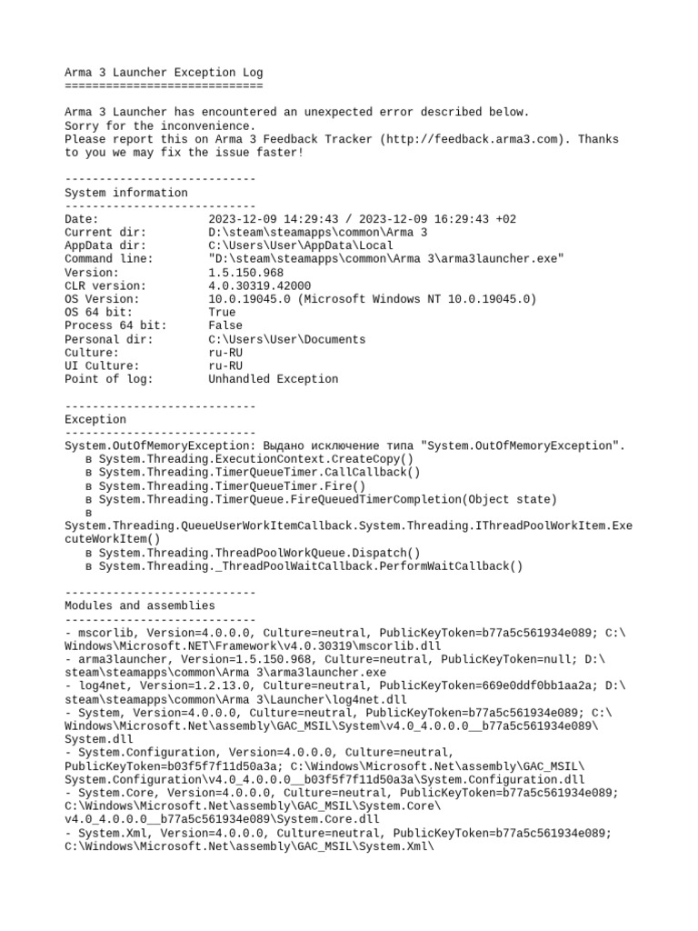 Arma3Launcher Exception 20231209T142943 | PDF | Extensible Application Markup Language ...