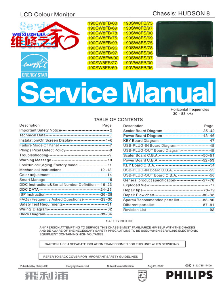 Philips 190cw8fb XX Chassis Hudson 8 (ET) | PDF | Computer Monitor | Menu (Computing)
