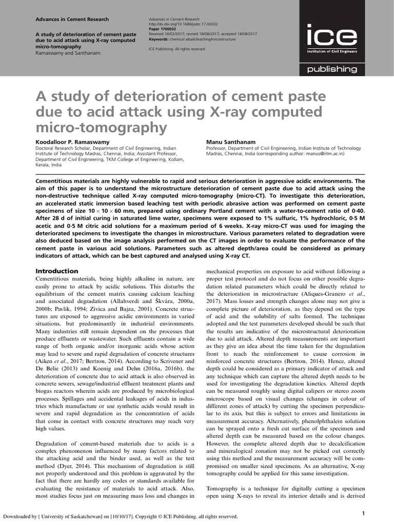 A Study of Deterioration of Cement Paste Due To Acid Attack Using X-Ray ...