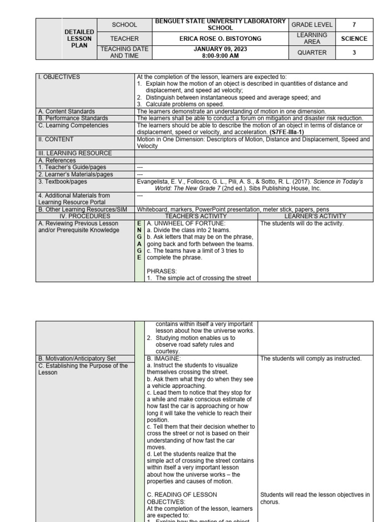 Erica Rose O. Bistoyong - DLP 5 - G7 - Unit 3 - Descriptors of Motion | PDF | Speed | Velocity