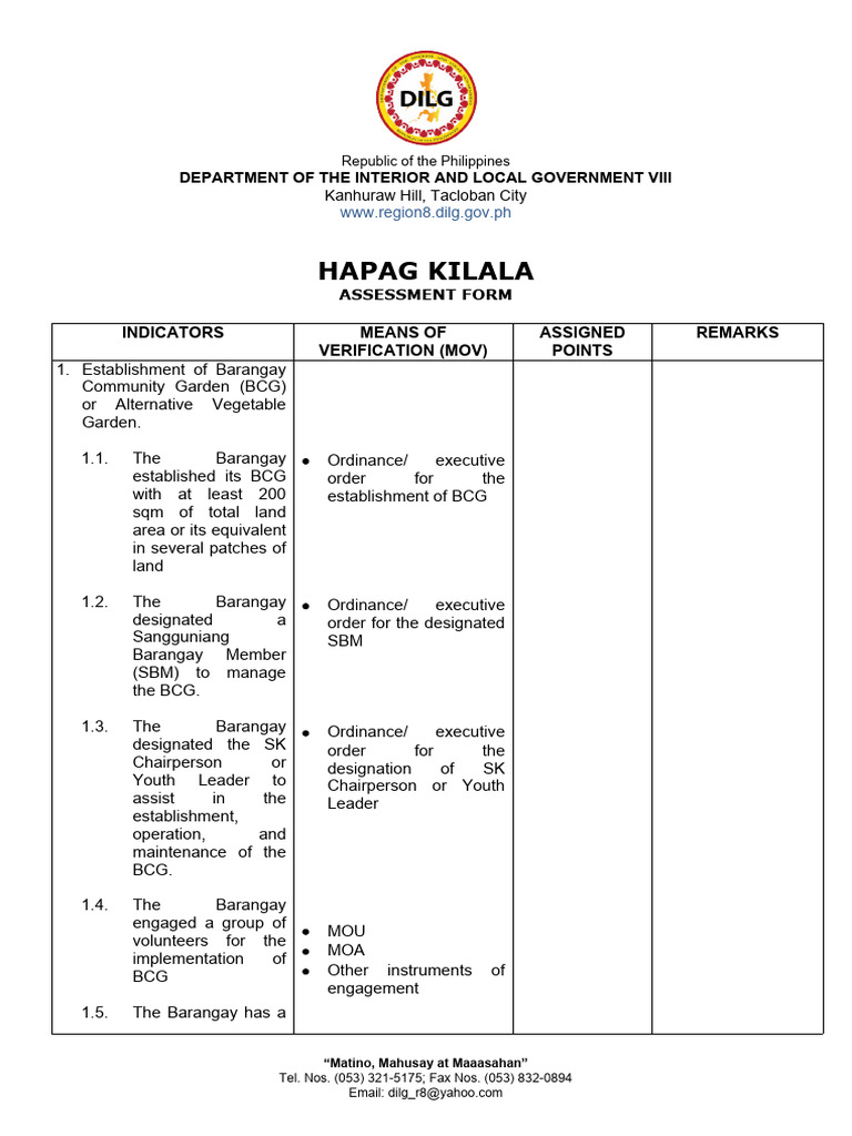 Hapag Kilala Barangay Level Assessment Form | PDF | Economies