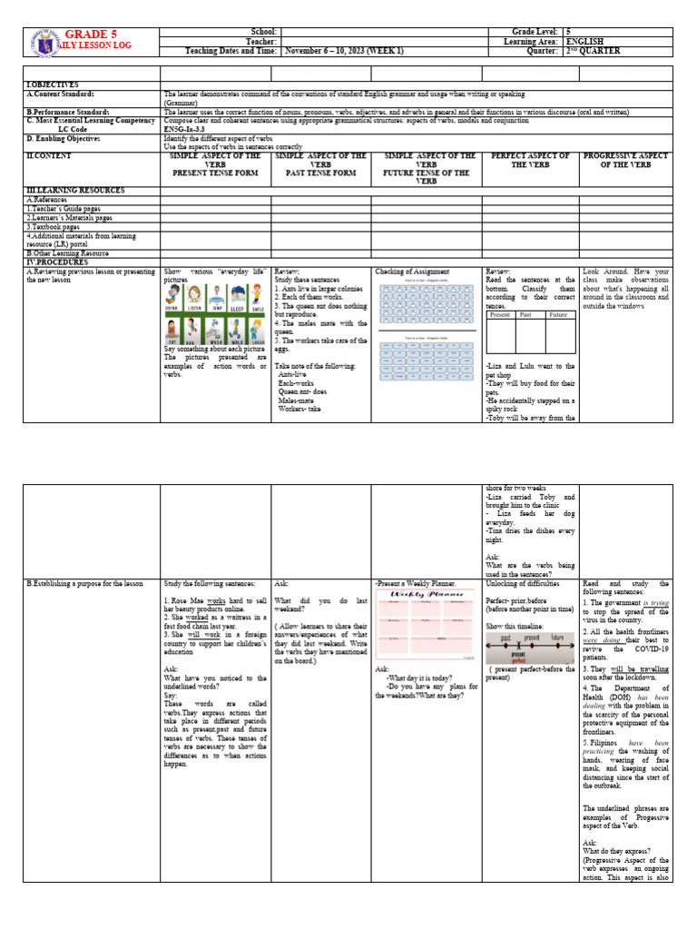 DLL ENG5 Q2 Week 1 | PDF | Verb | Grammatical Tense