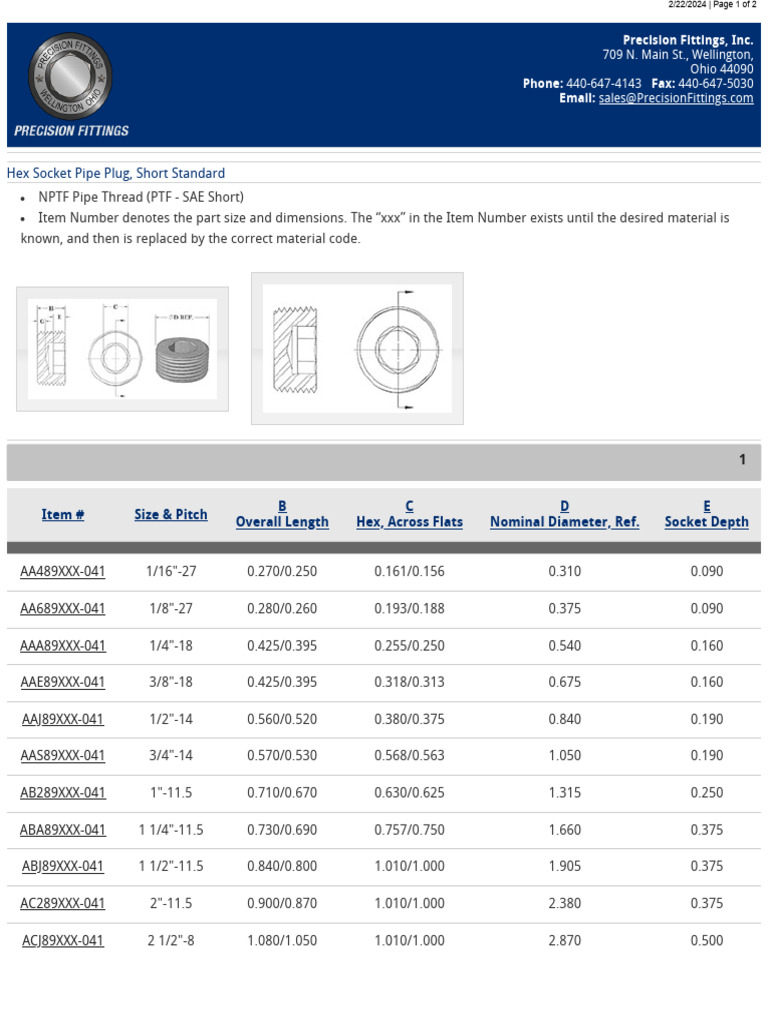 HexSocketPipePlug ShortStandard | PDF | Manufactured Goods | Mechanical ...