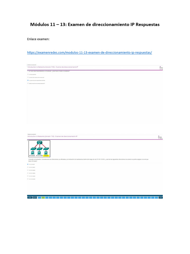 Módulos 11 - 13 Examen de Direccionamiento IP Respuestas | PDF