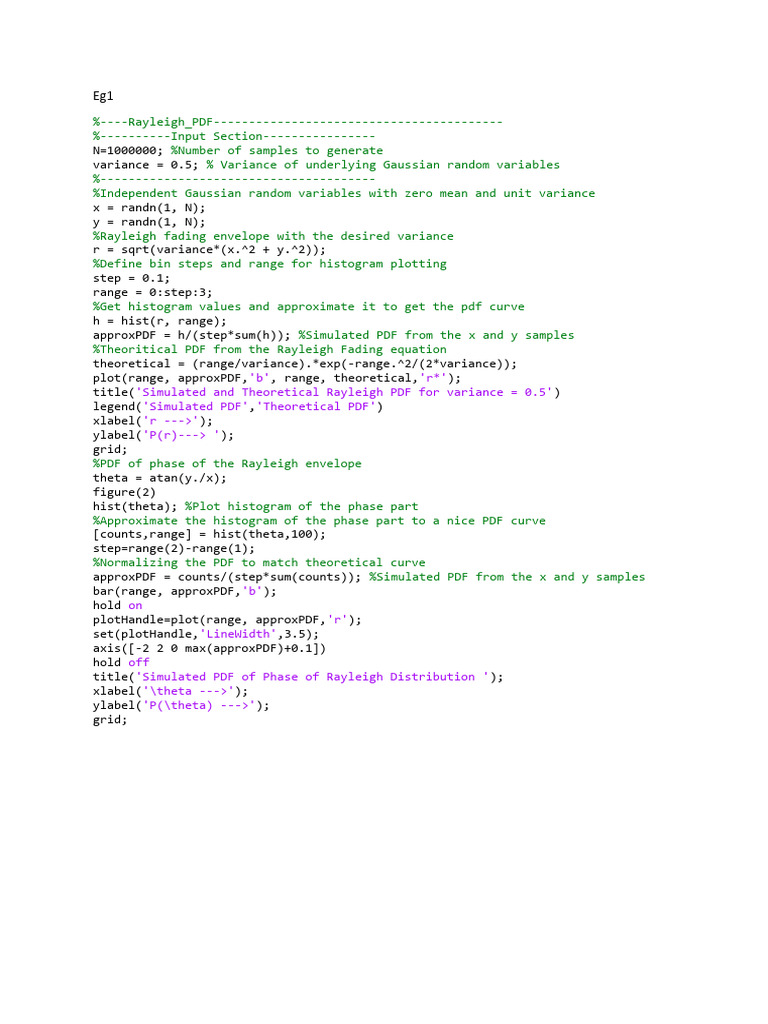 Lab 6 Matlab Channel Modelling Rayleigh | PDF | Probability Density Function | Normal Distribution