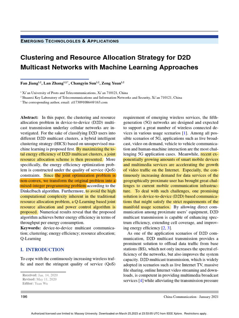 Clustering and Resource Allocation Strategy For D2D Multicast Networks With Machine Learning ...