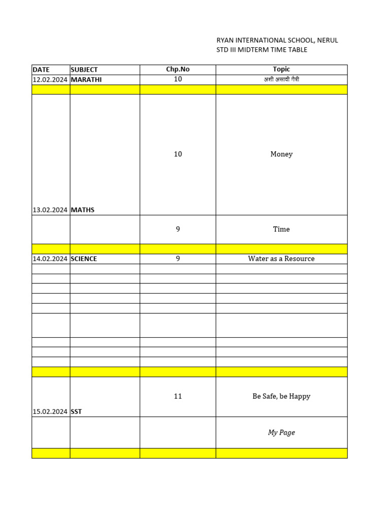 Date Subject CHP - No Topic: Ryan International School, Nerul STD Iii Midterm Time Table | PDF ...