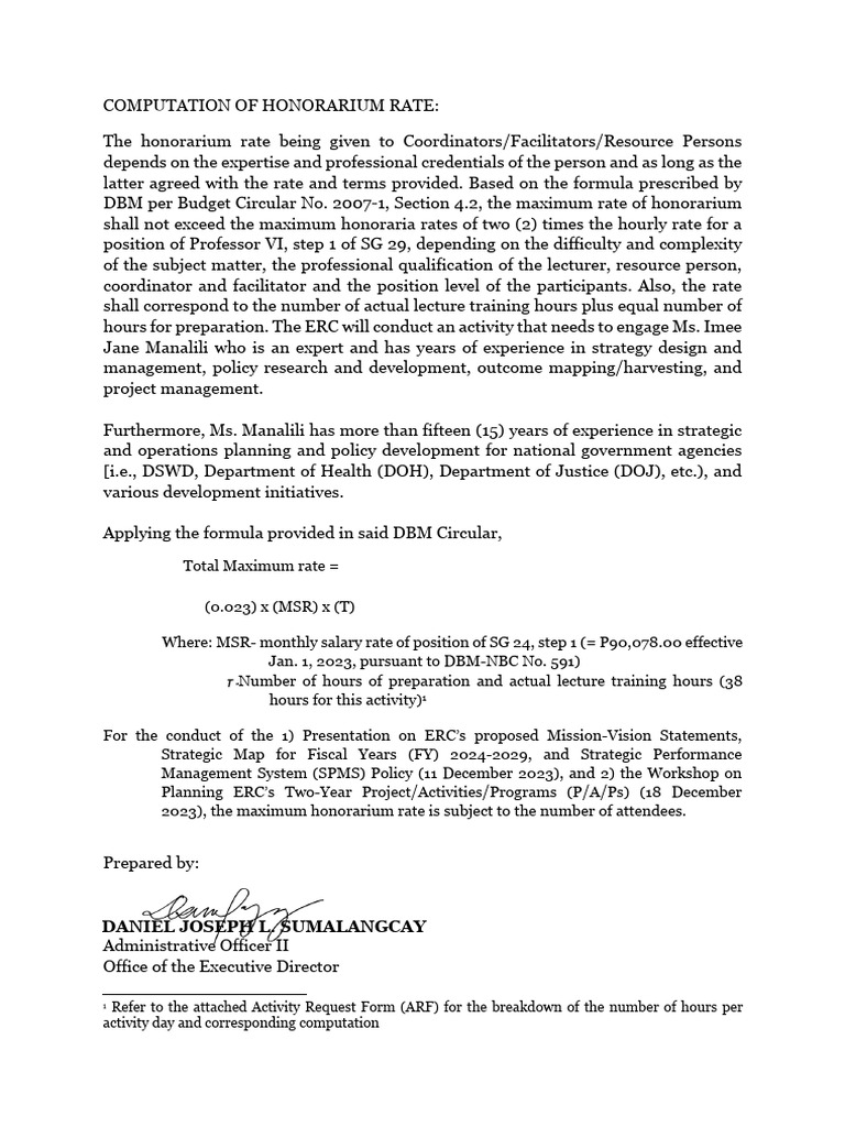 4.12 Computation of Honorarium Rate V2 - 1 - 1 | PDF | Government