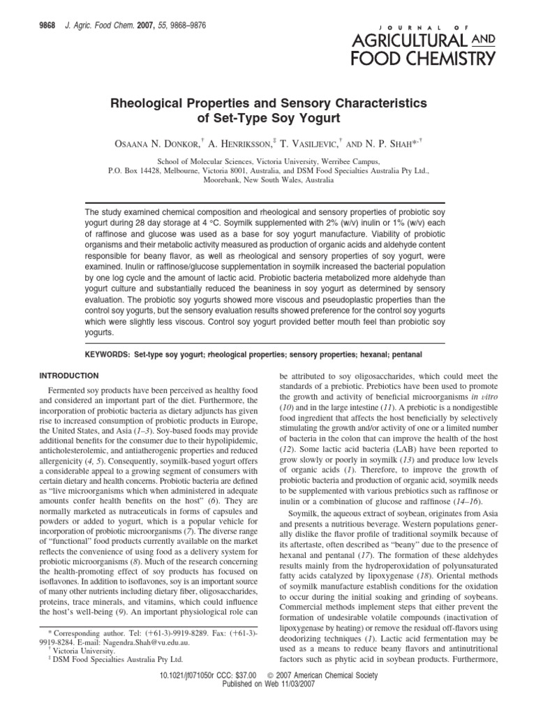Rheological Properties and Sensory Characteristic of Set Type Soy Yoghurt | PDF | Probiotic ...