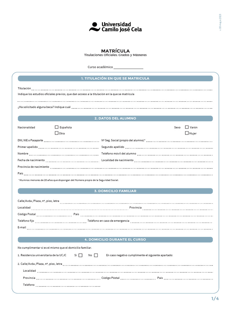 Hoja de Matriculación Máster Oficial 2023 | PDF