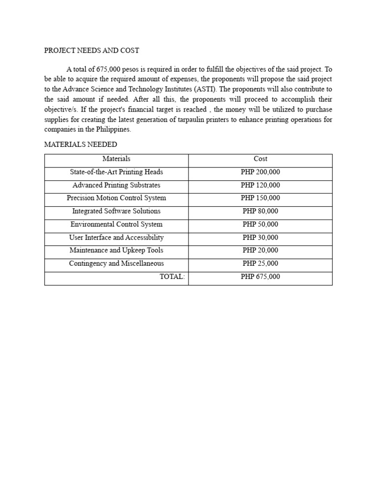 Project Needs and Cost Breakdown | PDF