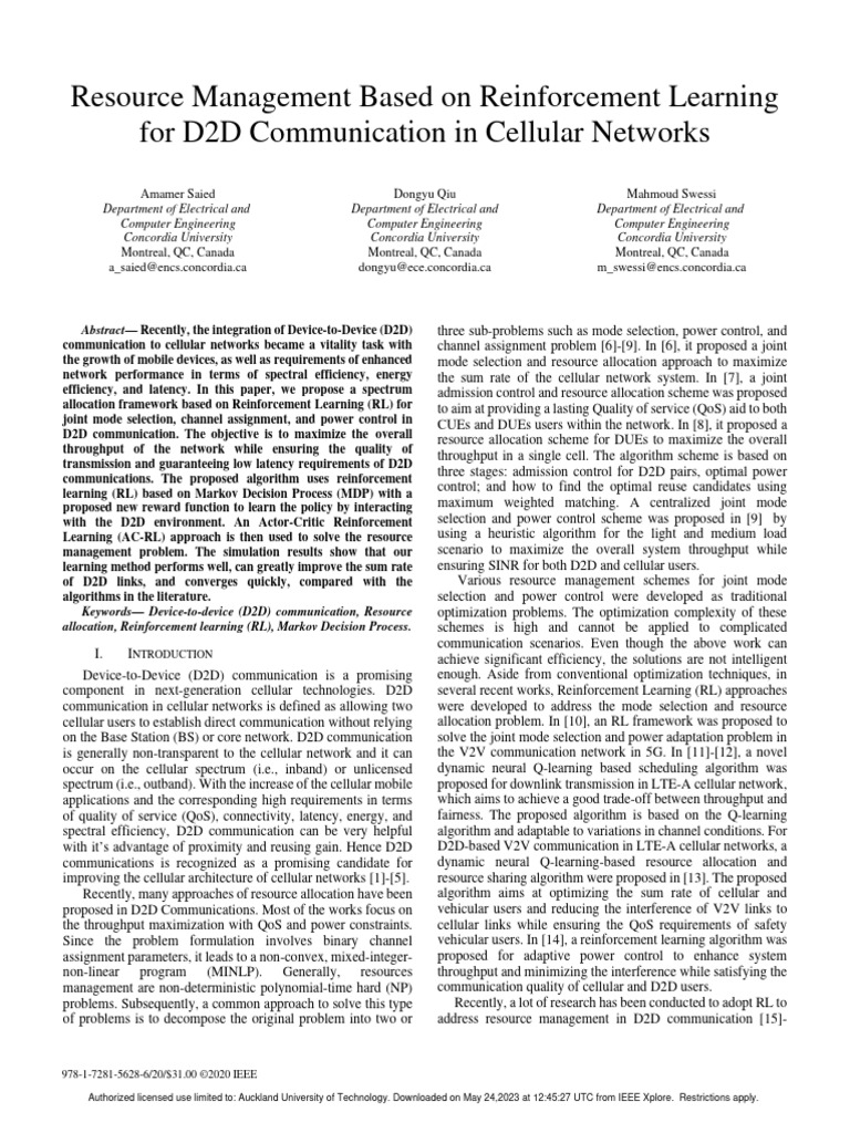 Resource Management Based On Reinforcement Learning For D2D Communication in Cellular Networks ...