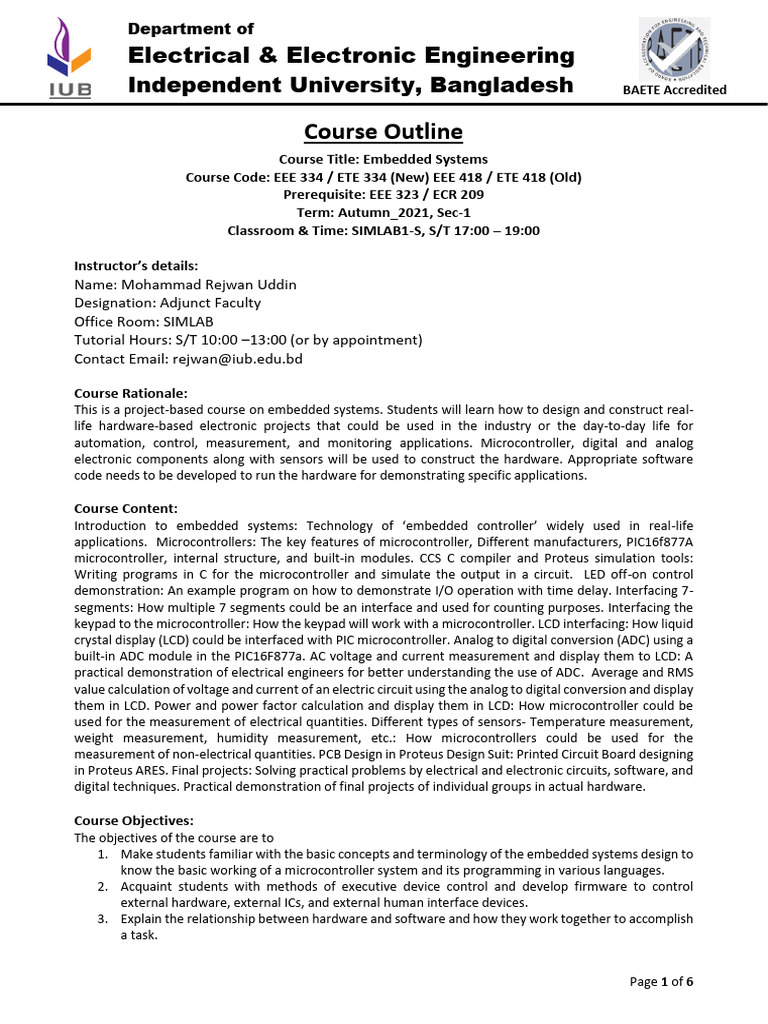 EEE334 - Course Outline | PDF | Microcontroller | Embedded System