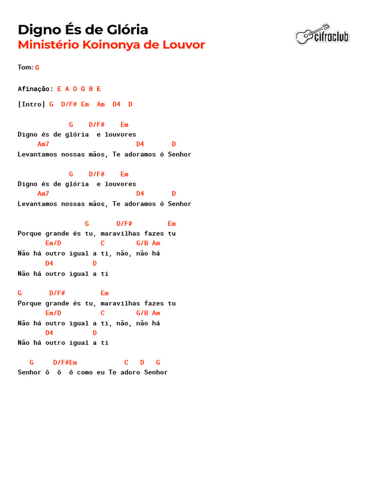 Cifra Club - Ministério Koinonya de Louvor - Digno És de Glória | PDF