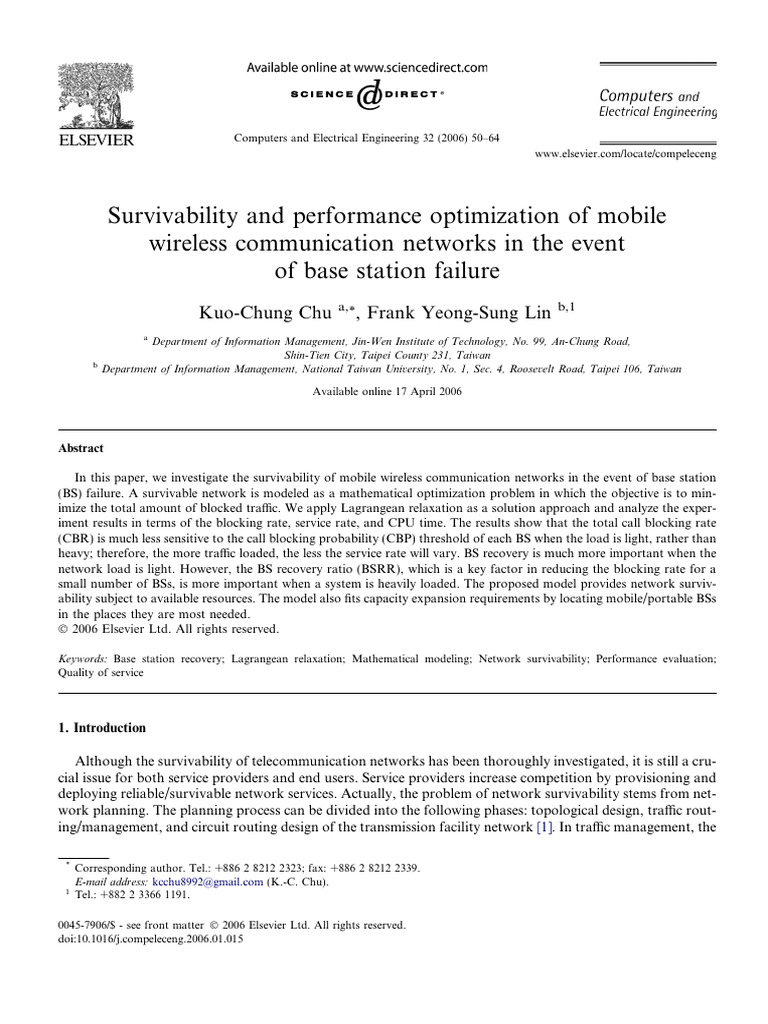 P1 - Survivability and Performance Optimization of Mobile Wireless Communication Networks in The ...