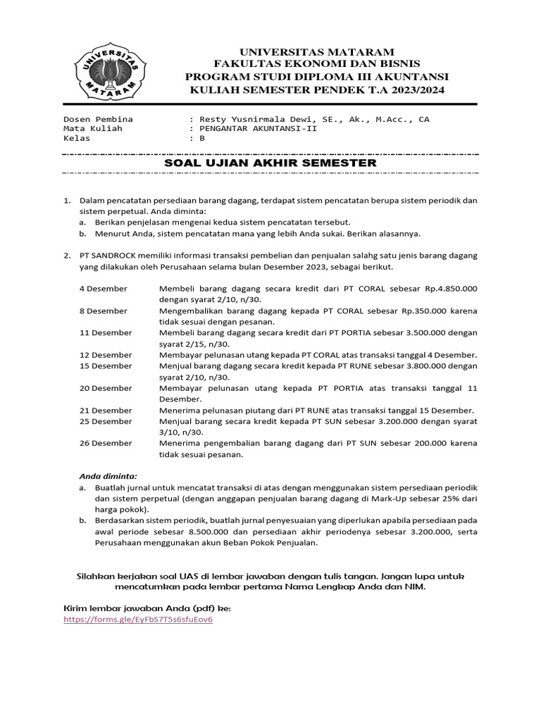 Soal Uas - Pengantar Akuntansi 2 | PDF