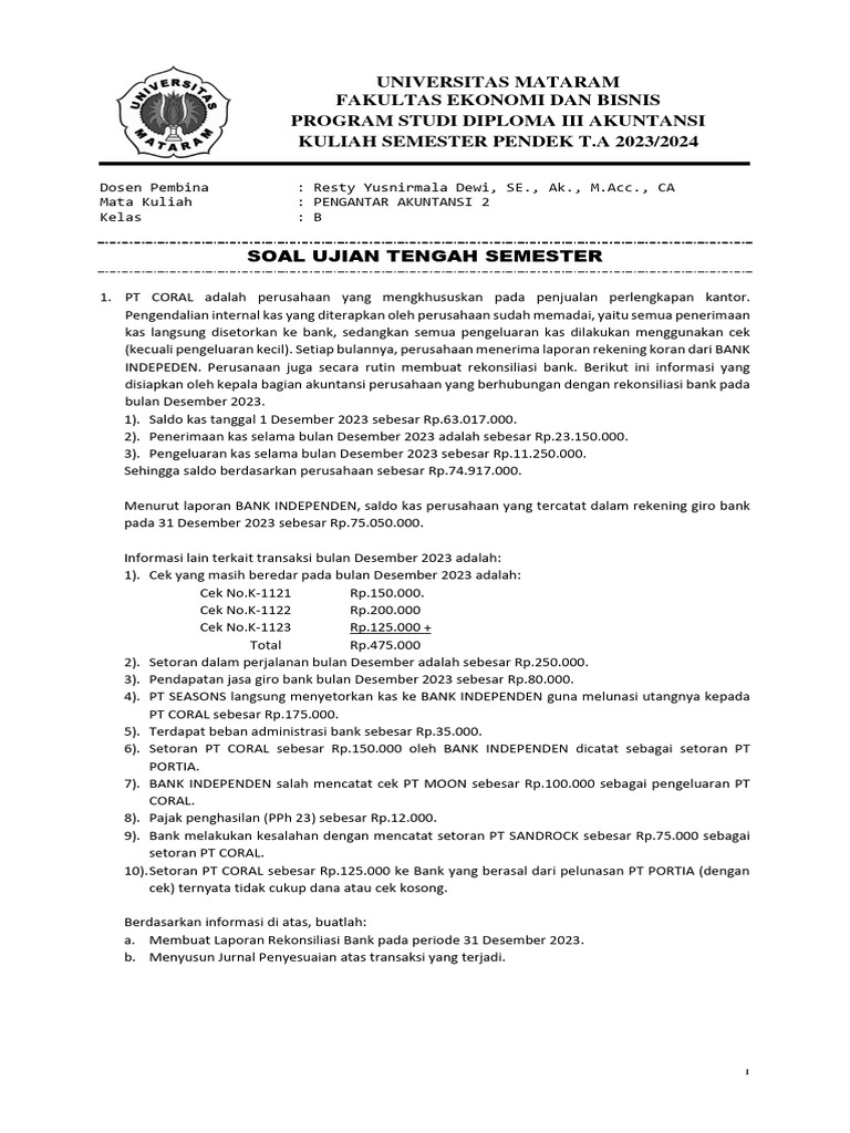 Soal Uts - Pengantar Akuntansi 2 | PDF