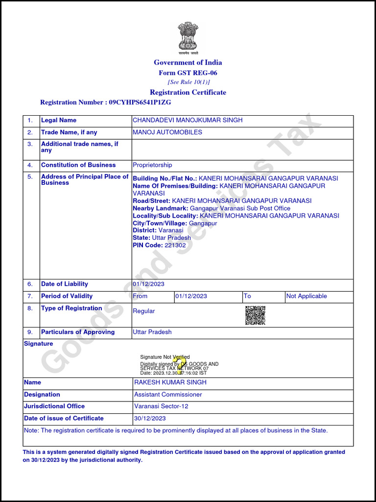 Manoj Automobiles - GST Certificate | Download Free PDF | Sole ...