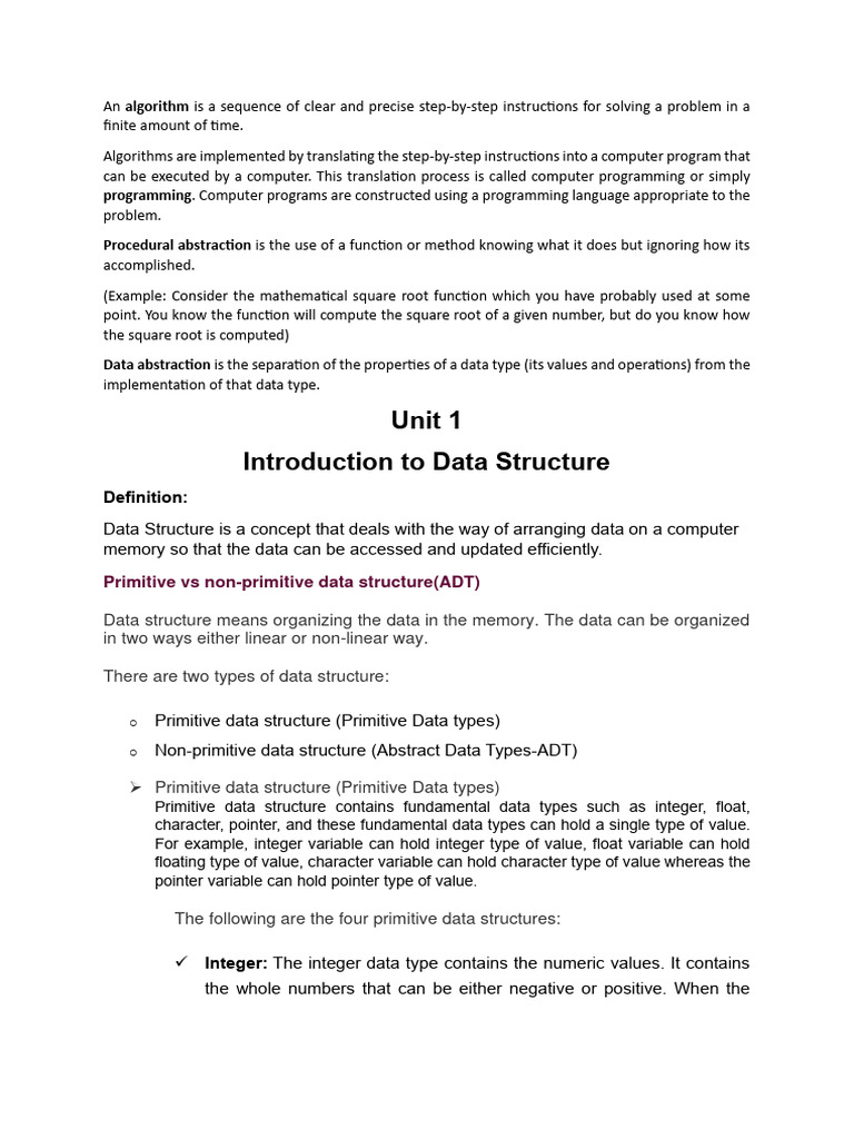Unit I Introduction To DS and Simple ADTs | PDF | Data Type | Data Structure
