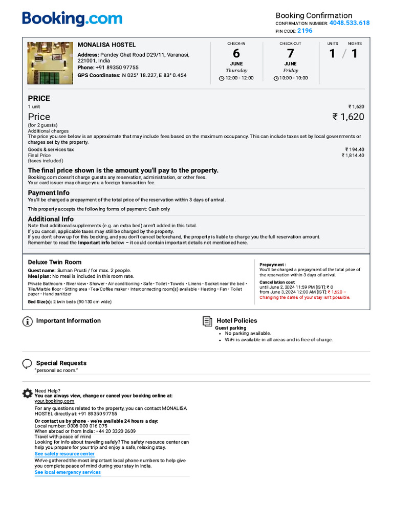 Booking Confirmation | PDF | Fee | Bathroom