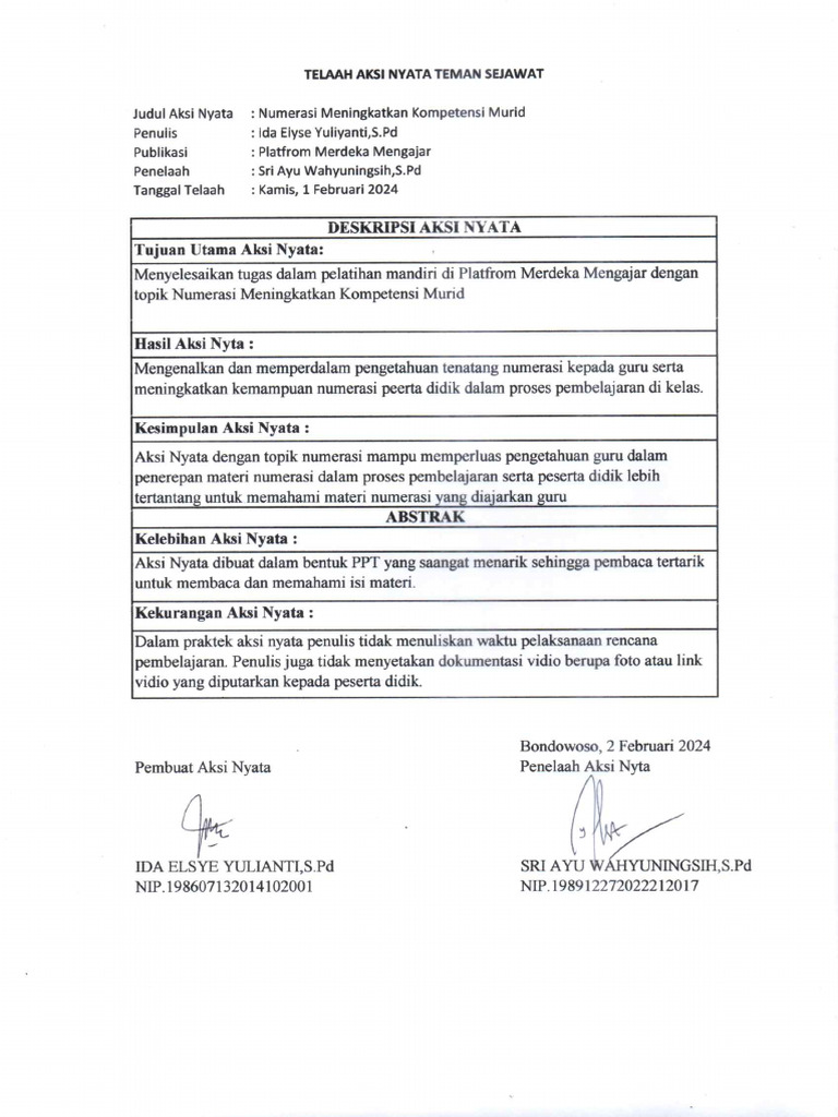 Telaah Aksi Nyata Teman Sejawat Sri Ayu Wahyuningsih20240207 - 07303426 ...