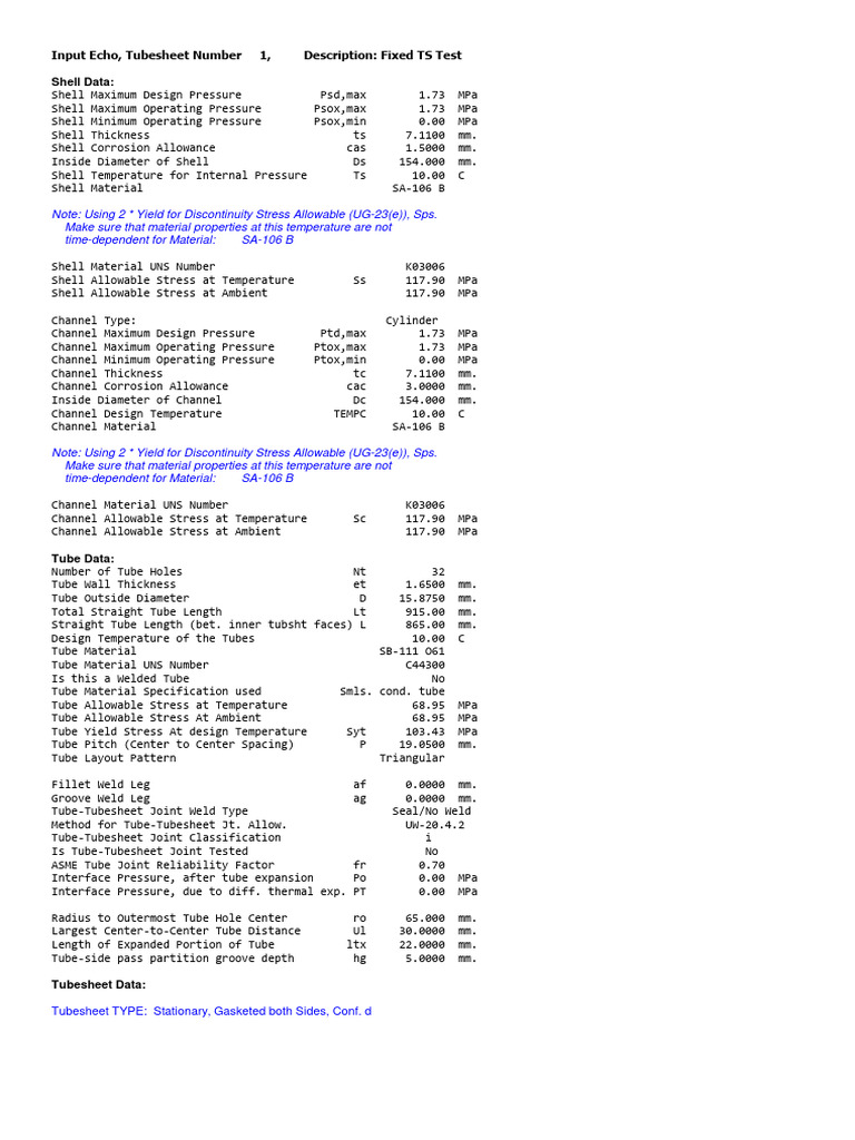 Input Echo, Tubesheet Number 1, Description: Fixed TS Test Shell Data ...