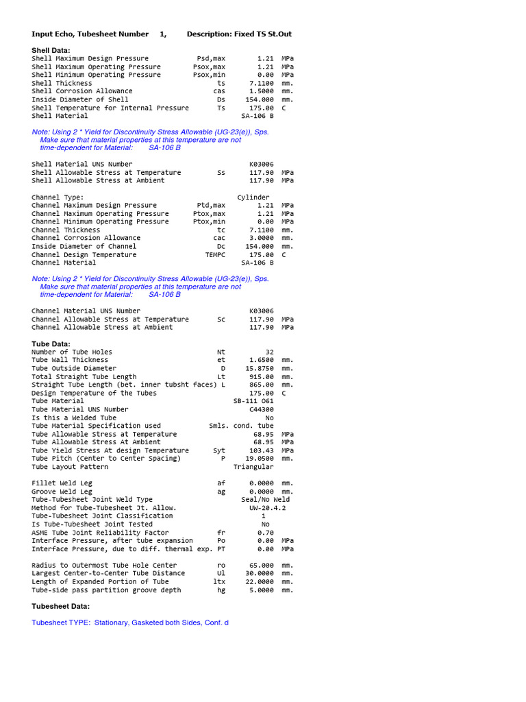 Input Echo, Tubesheet Number 1, Description: Fixed TS ST - Out Shell Data | Download Free PDF ...