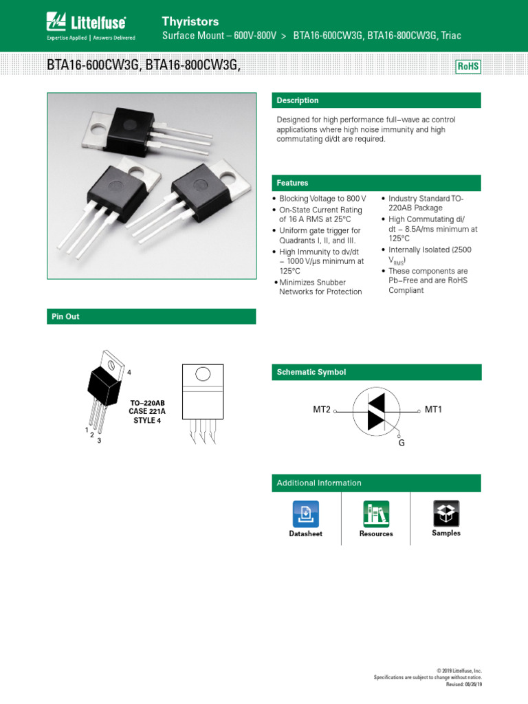 Littelfuse Thyristor BTA16 600CW3 D Datasheet - pdf-1372489 | PDF | Computer Engineering ...