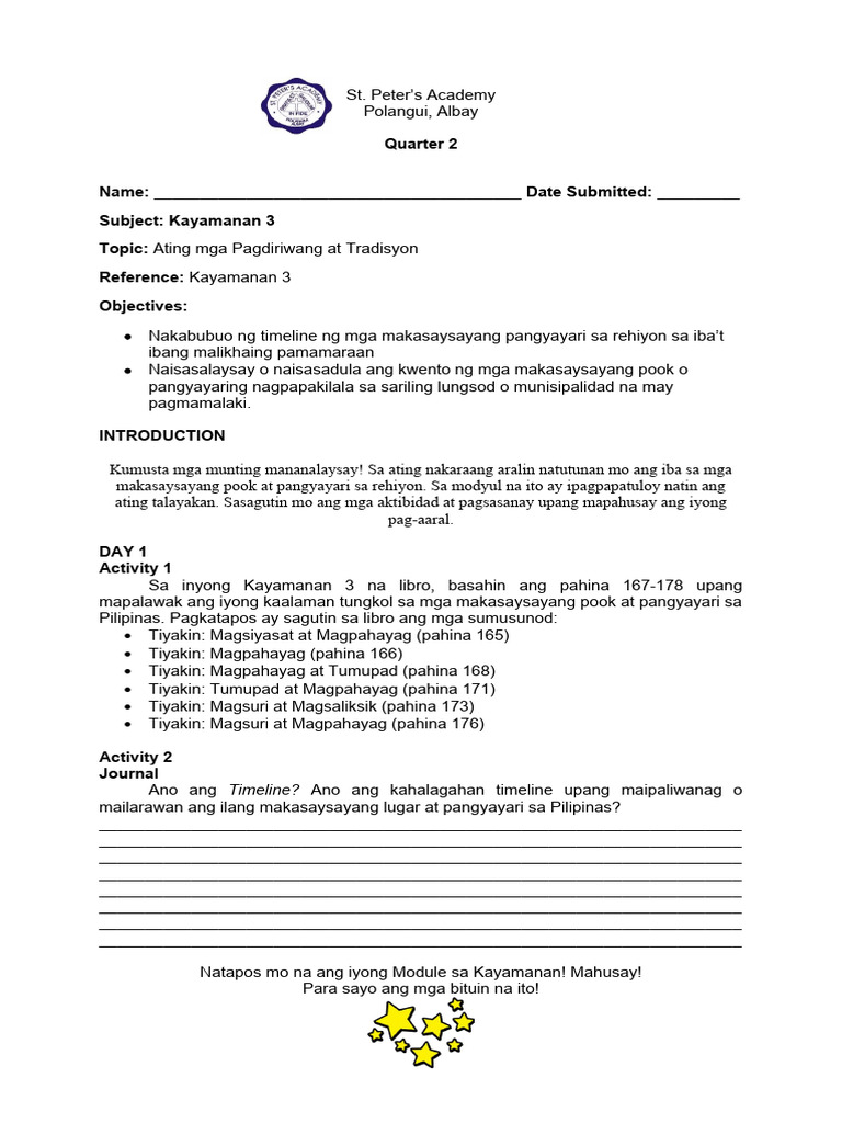 Quarter 2 Name: - Date Submitted: - Subject: Kayamanan 3 Topic: Ating ...