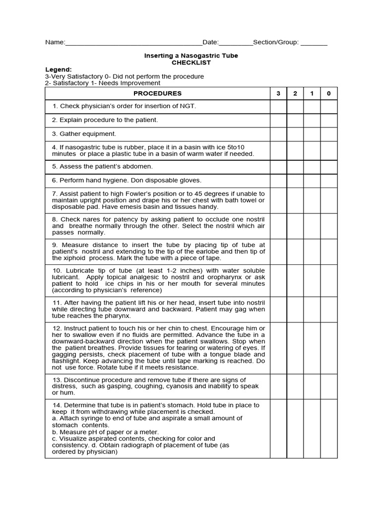 Nasogastric Tube Insertion & Removal Checklist | PDF | Clinical ...