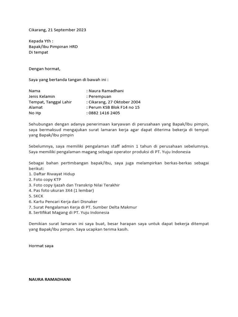 SUrat Lamaran | PDF | Karier & Perkembangan | Bisnis