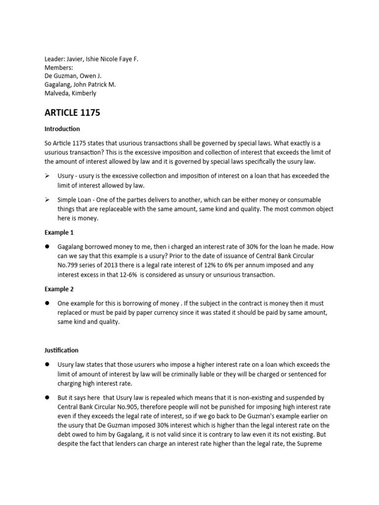 Article 1175 Midterm-Requirements | PDF | Interest | Usury
