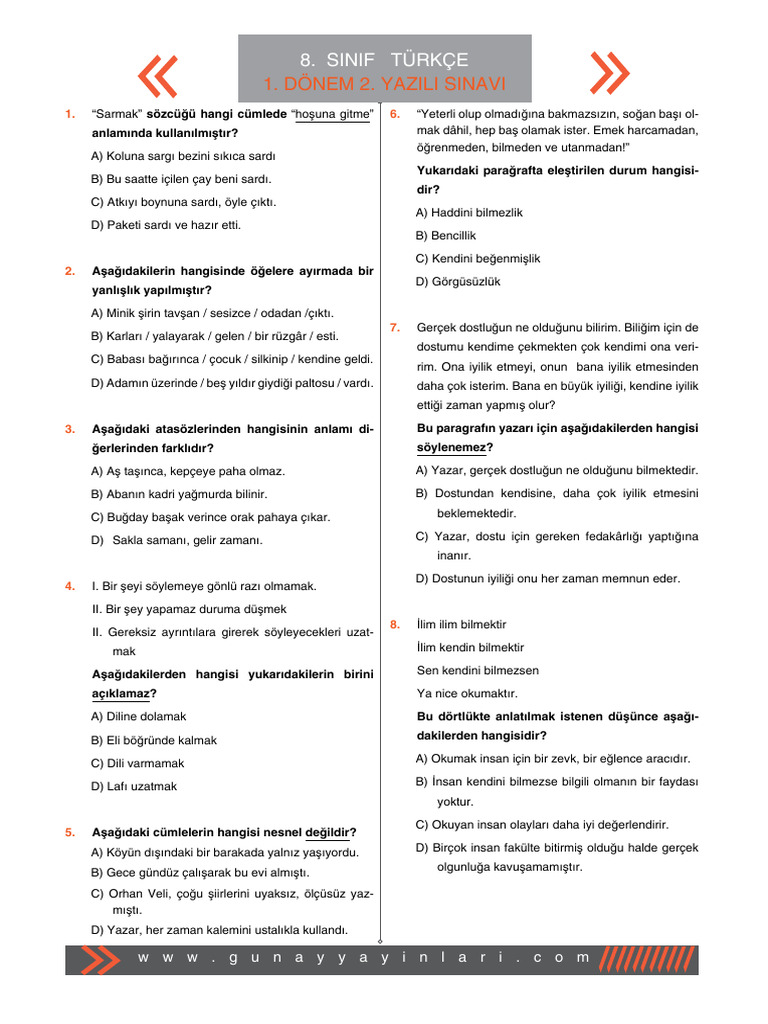 Gunay Yayinlar 8. Sinif Turkce 1. Donem 2. Yazili Sorulari 1 | PDF