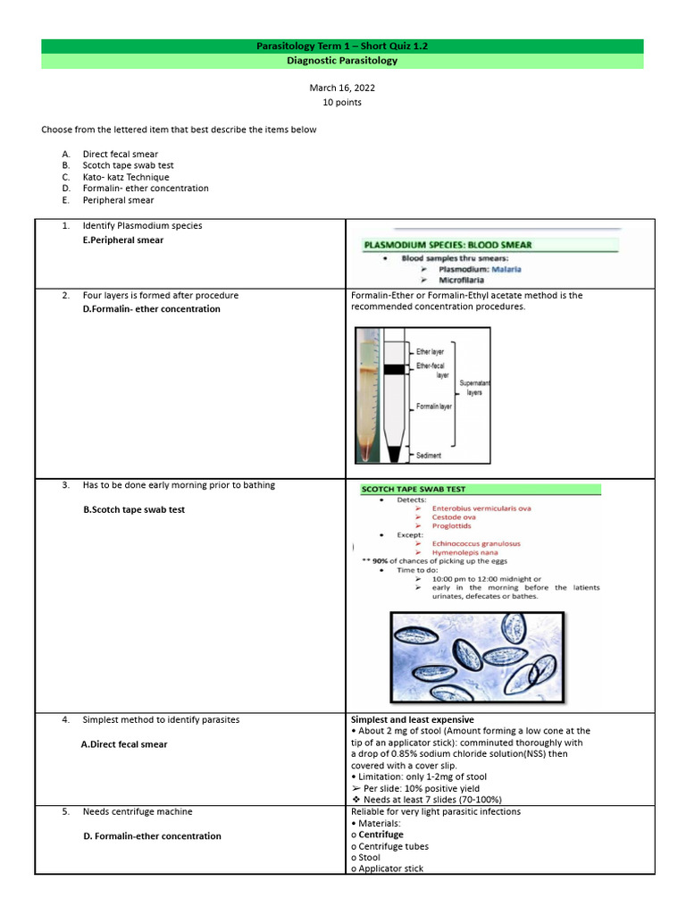 Parasitology Diagnostic Quiz Insights | PDF | Human Feces | Medical ...