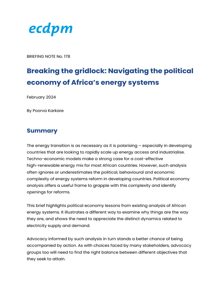 Breaking The Gridlock Navigating The Political Economy of Africas Energy Systems ECDPM Briefing ...