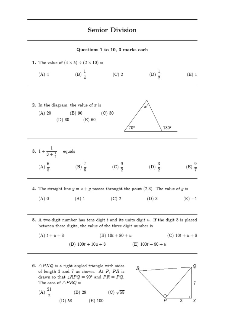 Senior Division Math Questions and Answers | PDF | Geometry | Euclidean ...